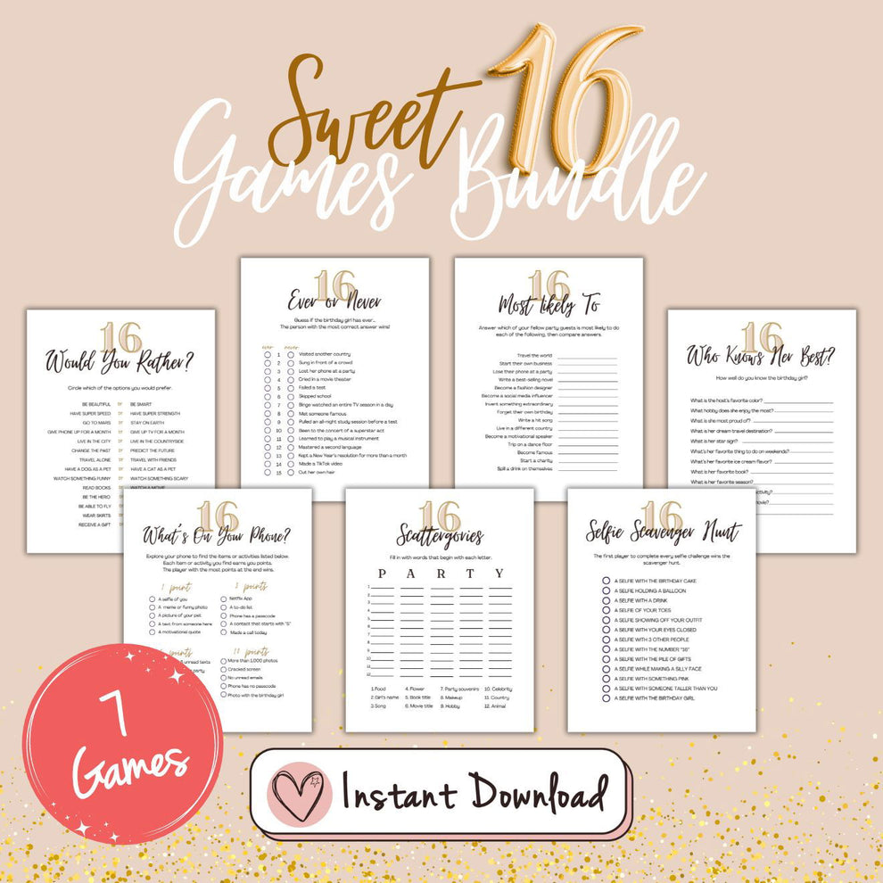 Sweet 16 Games Bundle – 7 Printable Party Games, Minimalist Design ...