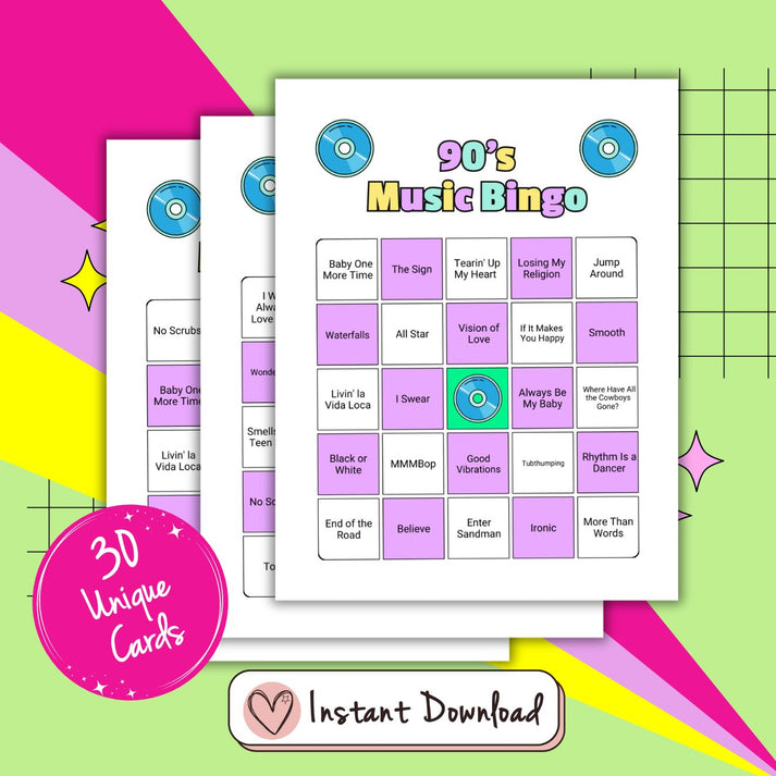 90s Music Bingo Game 30 Cards – Big Heart Little Star