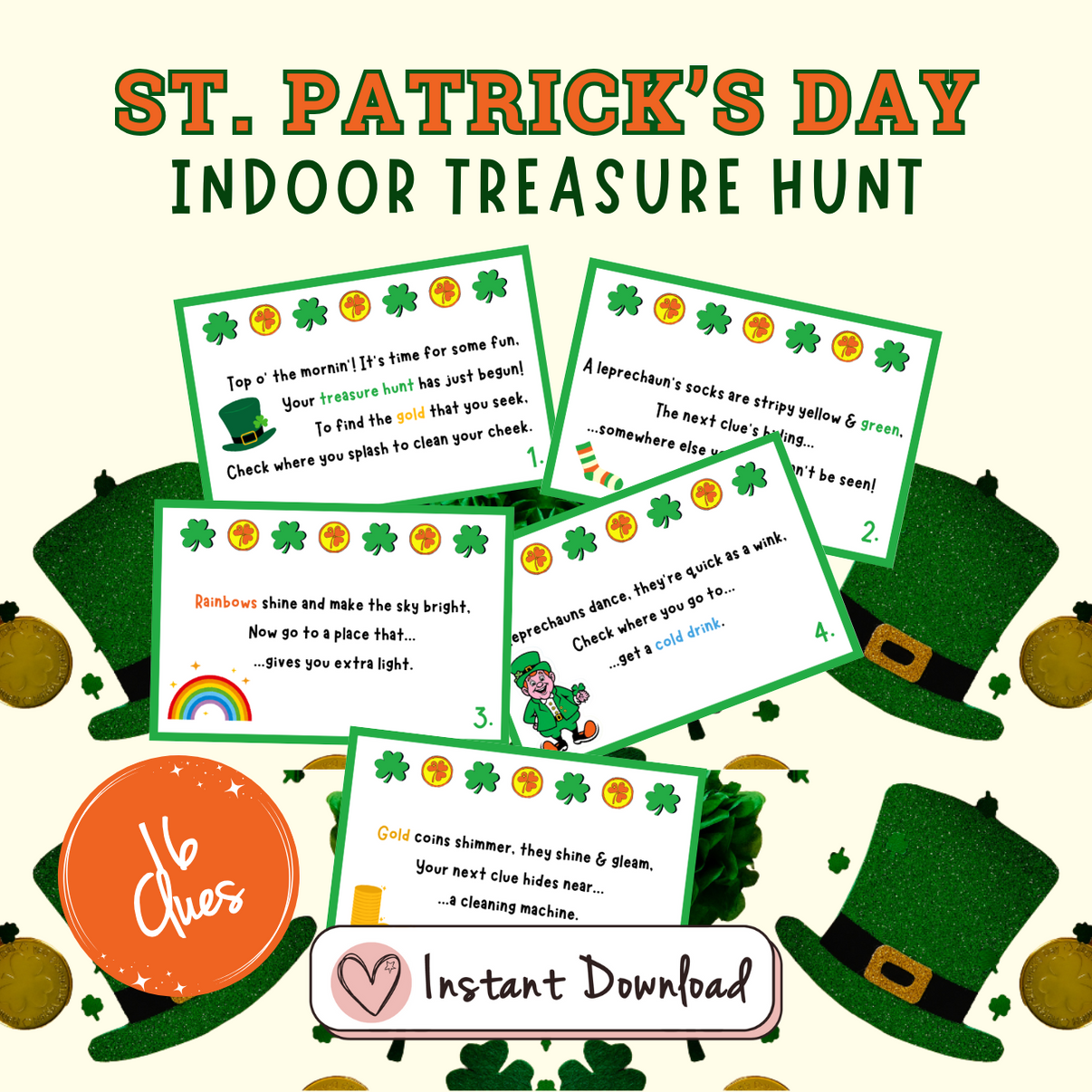 St. Patrick's Day Indoor Treasure Hunt For Kids: 16 Clue Cards – Big ...