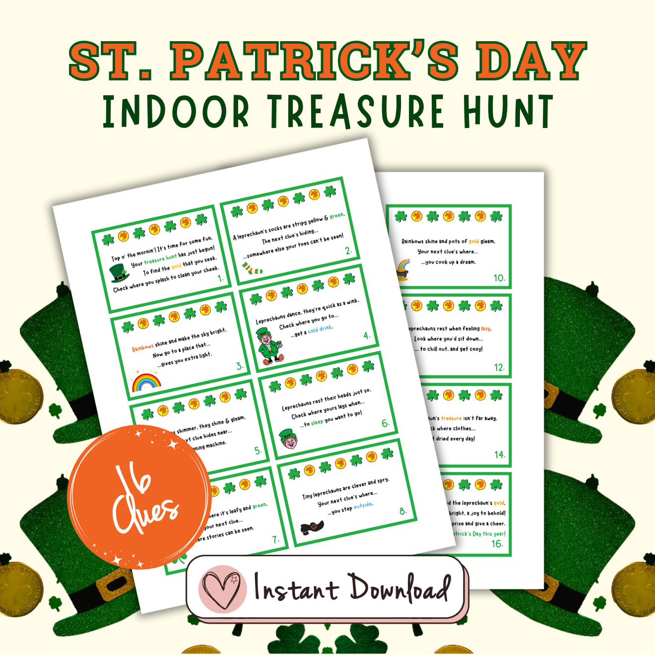 St. Patrick's Day Indoor Treasure Hunt For Kids: 16 Clue Cards – Big ...