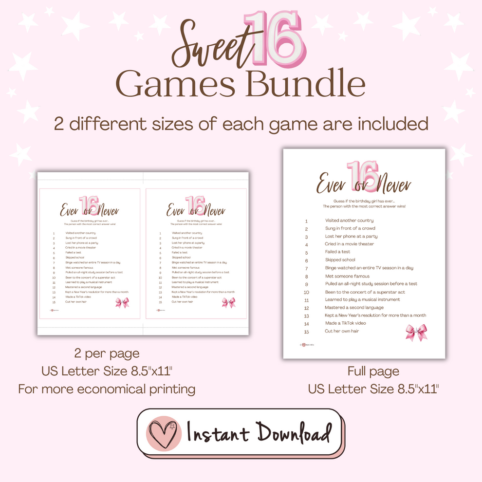 Sweet 16 Printable Party Games Bundle – Pink Design Fun Teen Activities ...