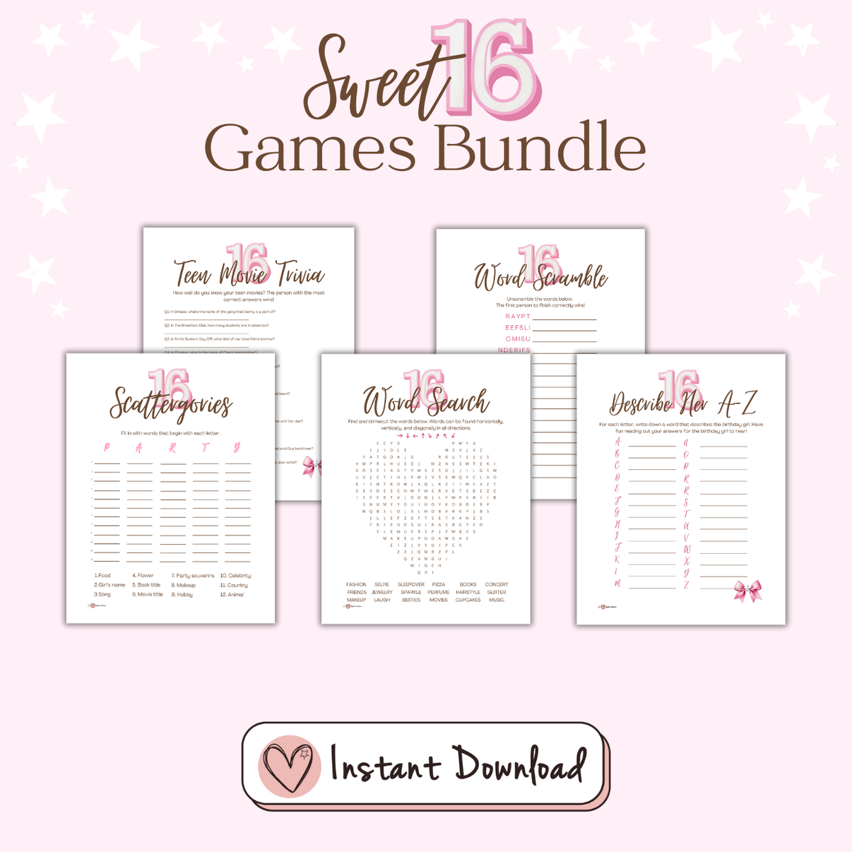 Sweet 16 Printable Party Games Bundle – Pink Design Fun Teen Activities ...