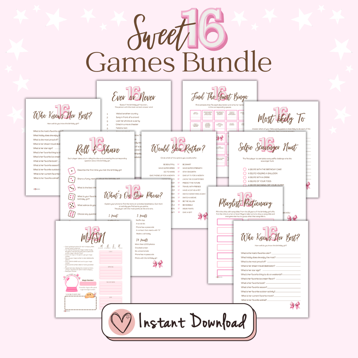 Sweet 16 Printable Party Games Bundle – Pink Design Fun Teen Activities ...