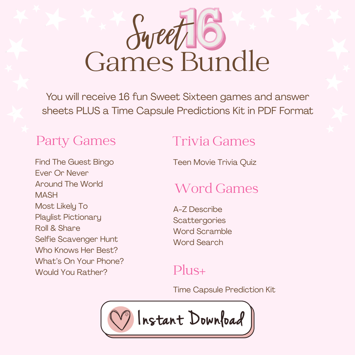 Sweet 16 Printable Party Games Bundle – Pink Design Fun Teen Activities ...