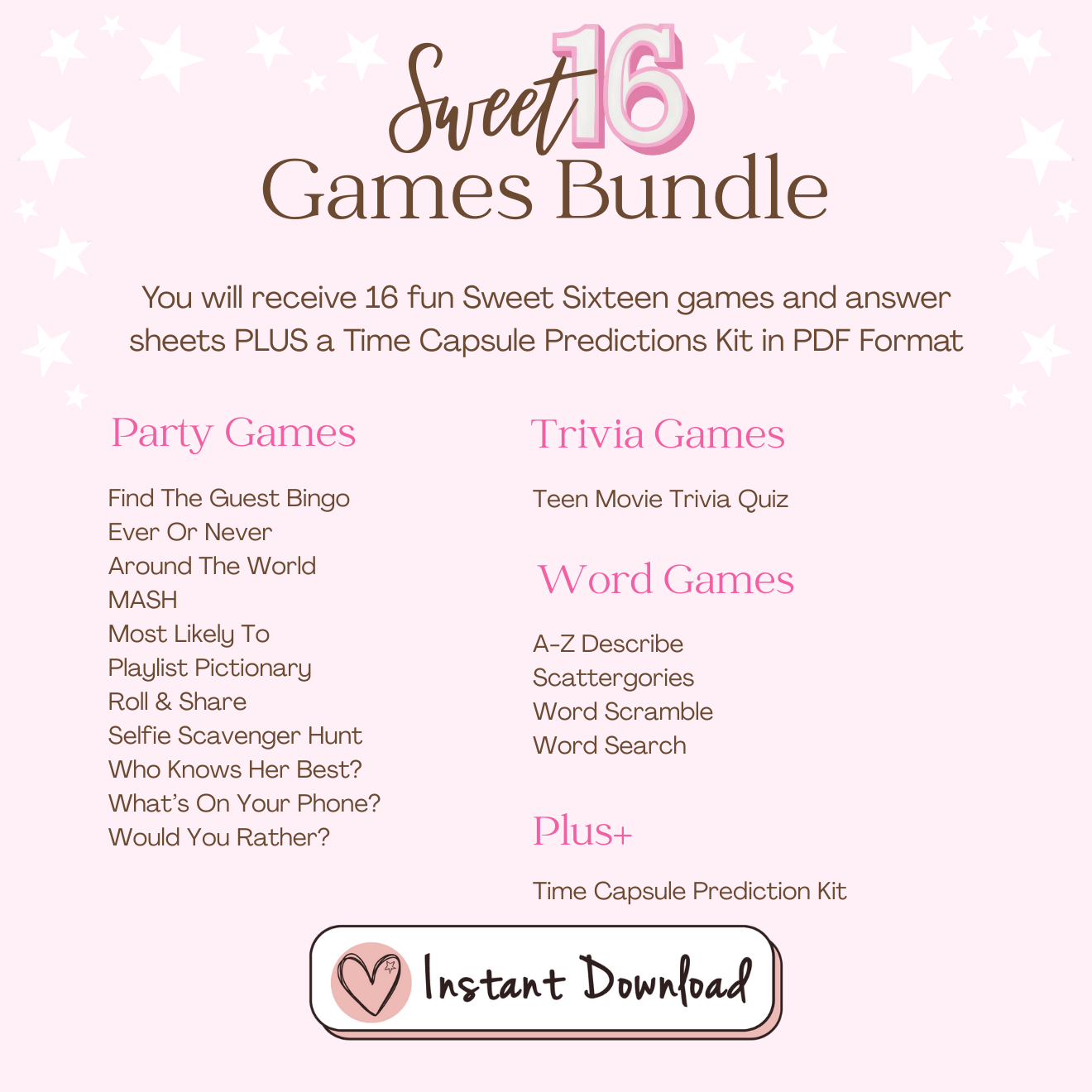 Sweet 16 Printable Party Games Bundle – Pink Design Fun Teen Activities ...