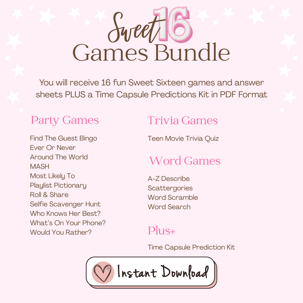 Sweet 16 Printable Party Games Bundle – Pink Design Fun Teen Activities ...