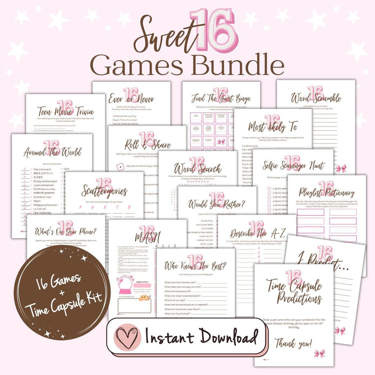 Sweet 16 Printable Party Games Bundle – Pink Design Fun Teen Activities ...