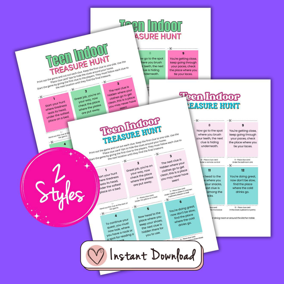 Teen Indoor Treasure Hunt Riddle Style Clues x 2 Designs – Big Heart ...