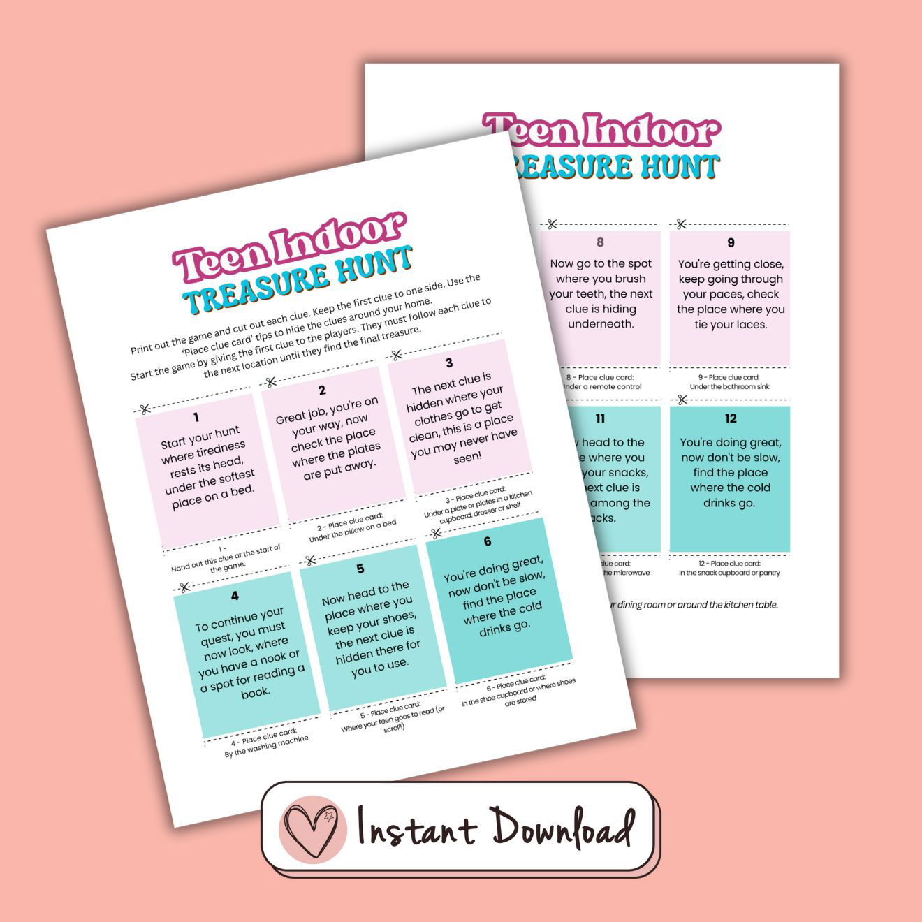 Teen Indoor Treasure Hunt Riddle Style Clues x 2 Designs – Big Heart ...